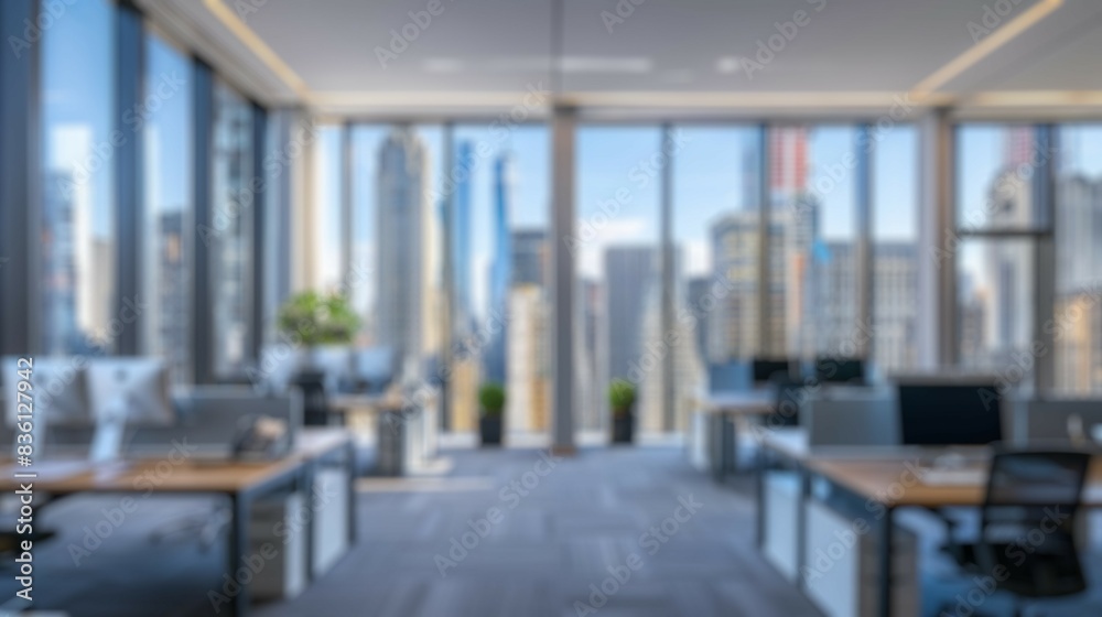 Blur background of office with city view and modern workstations. Urban ...
