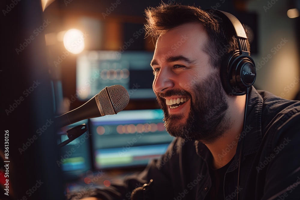 Happy radio presenter speaking into a microphone in a studio, Happy ...