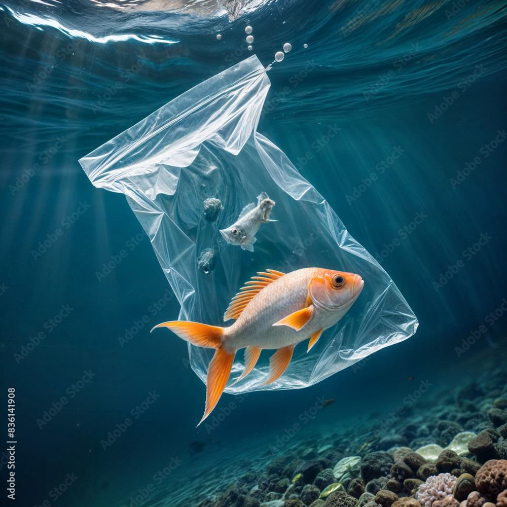Fish in plastic bag thrown into the sea, plastic pollution underwater ...