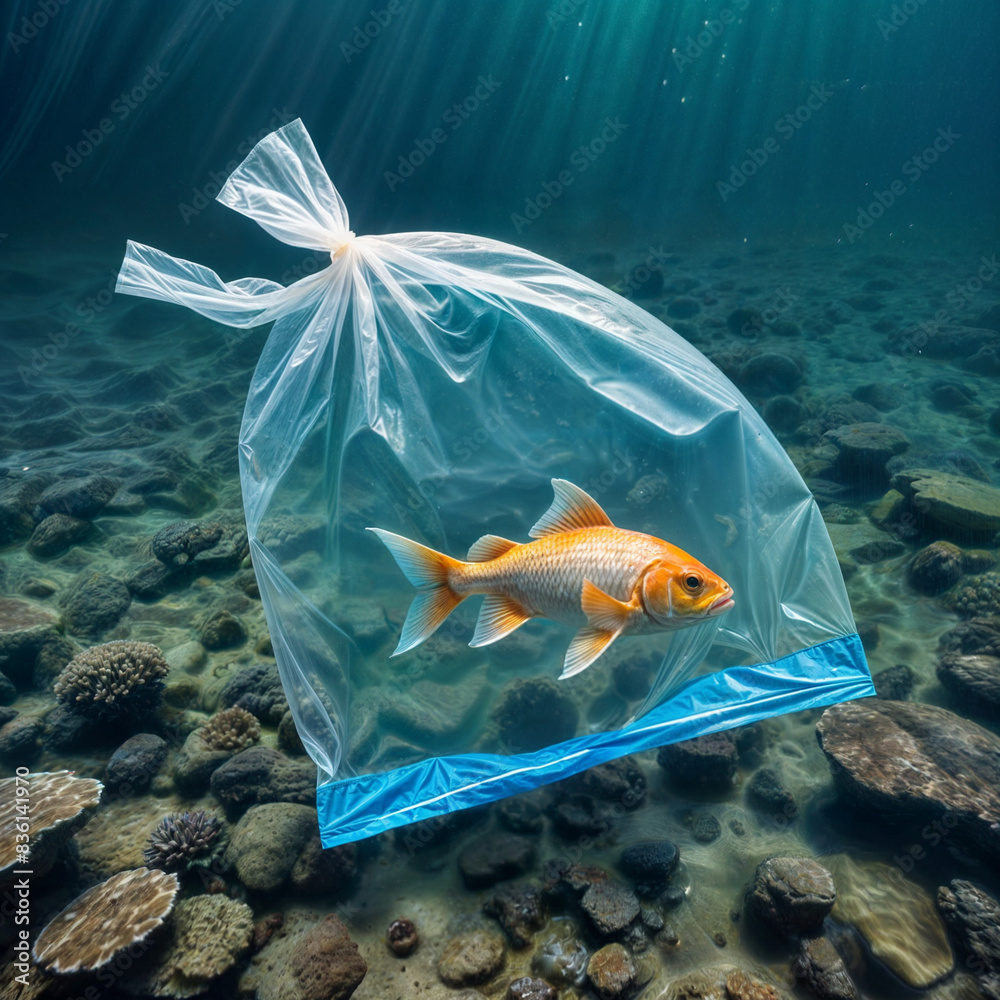 Fish in plastic bag thrown into the sea, plastic pollution underwater ...