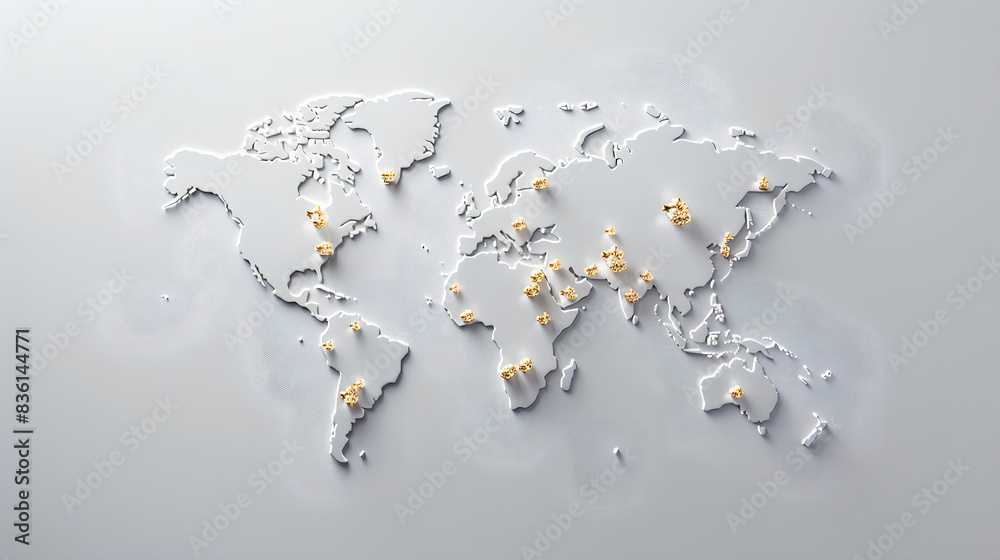 features a world map in a light grey, gold or white color scheme on a ...