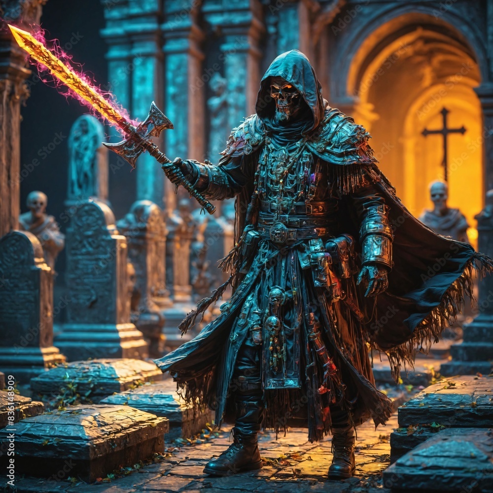 A skeletal warrior stands in a graveyard, wielding a flaming sword and ...