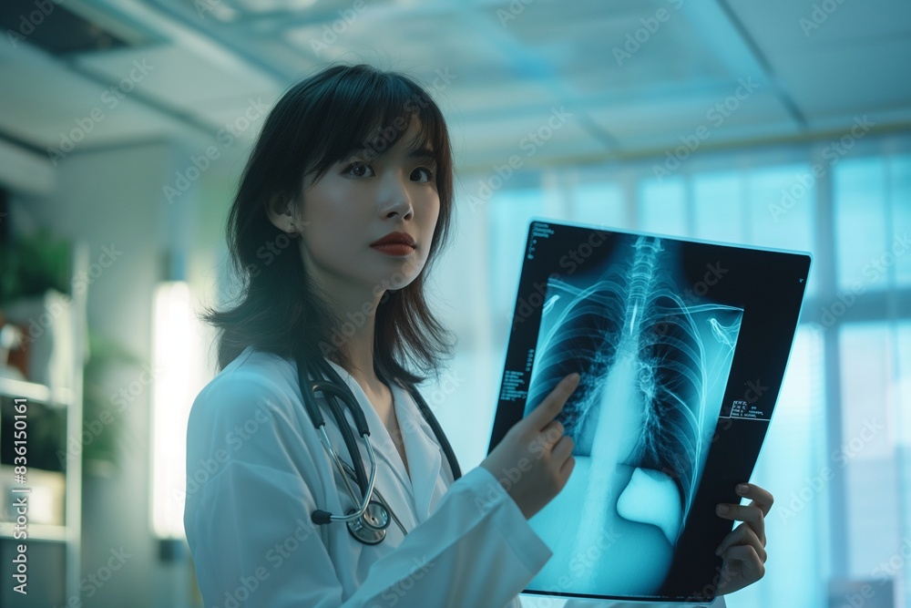 Female doctor with x-ray image of lungs in clinic, Female Doctor ...