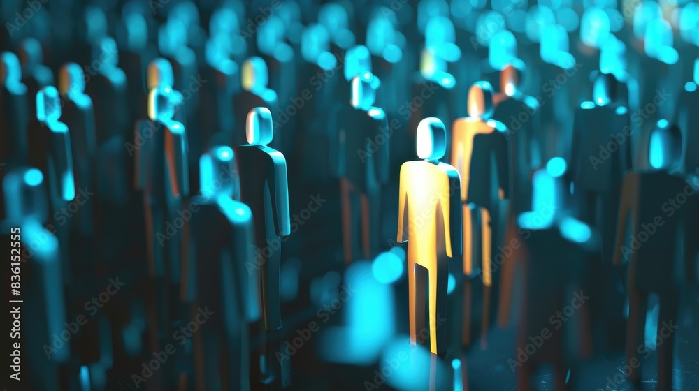 The image shows a crowd of faceless people with one person standing out ...