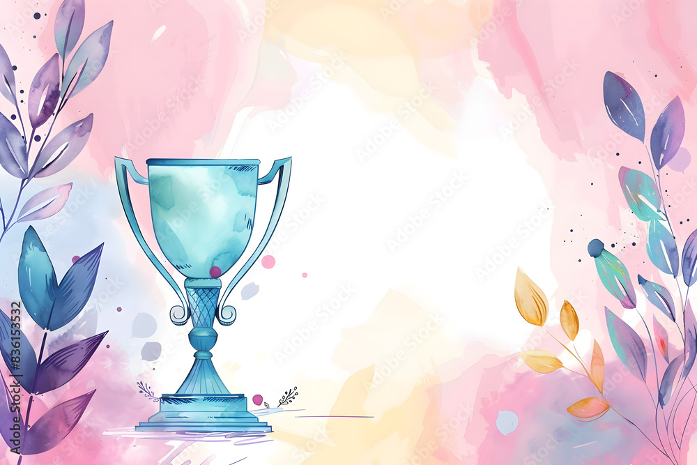 Cute cartoon trophy cup frame border background in watercolor style ...