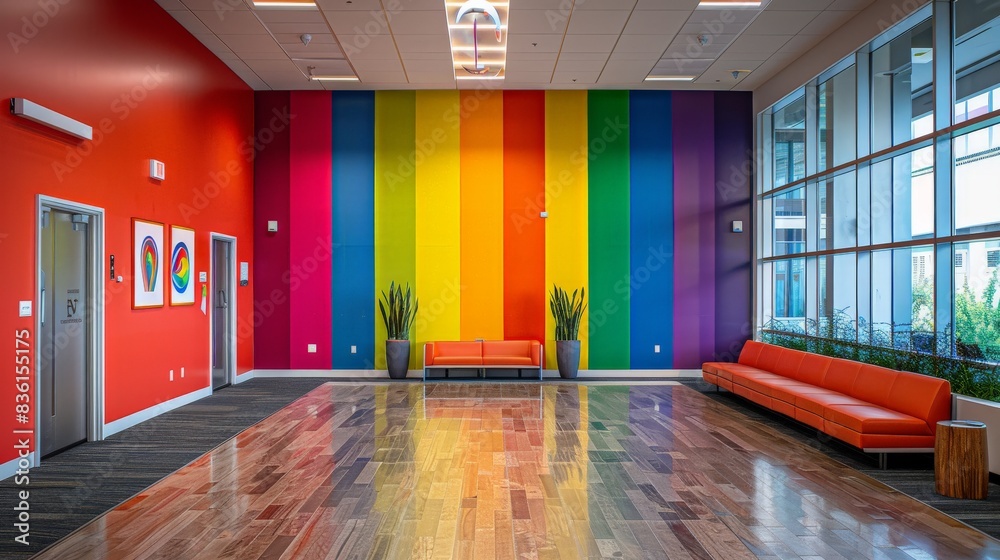 Corporate office featuring a Pride Month wall display with LGBTQ+ icons ...