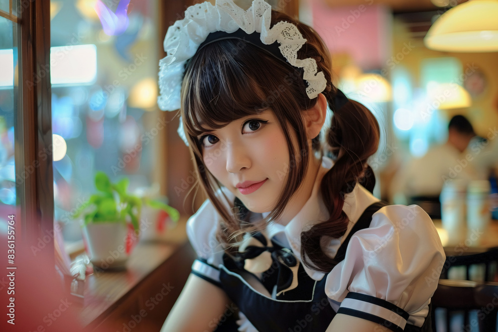 Pretty Young Asian Woman Waitress Dressed In Black And White Maid 4626