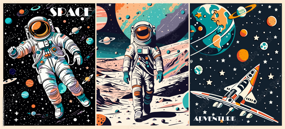 Astronaut in space retro Posters, backgrounds, covers vector set. Space ...