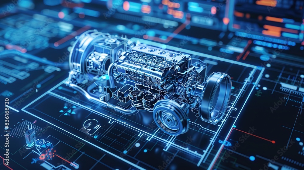 Technical drawing of advance futuristic car engine design on computer ...