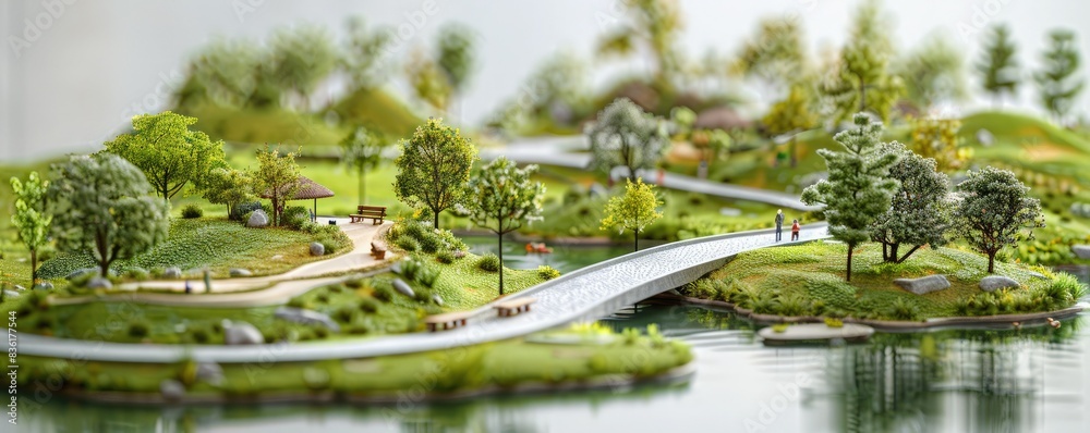 Intricate miniature landscape model featuring lush greenery, winding ...
