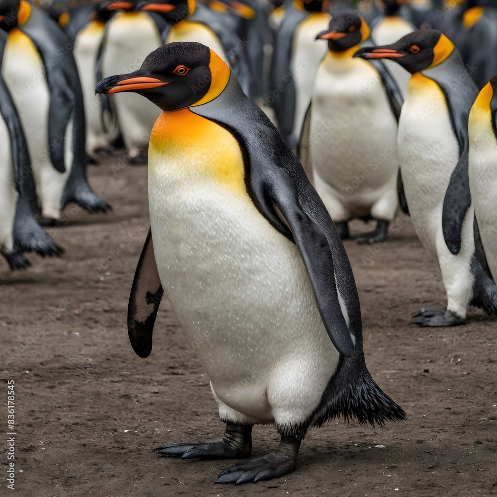 Adult King Penguin standing amongst a large group of nearly fully grown ...
