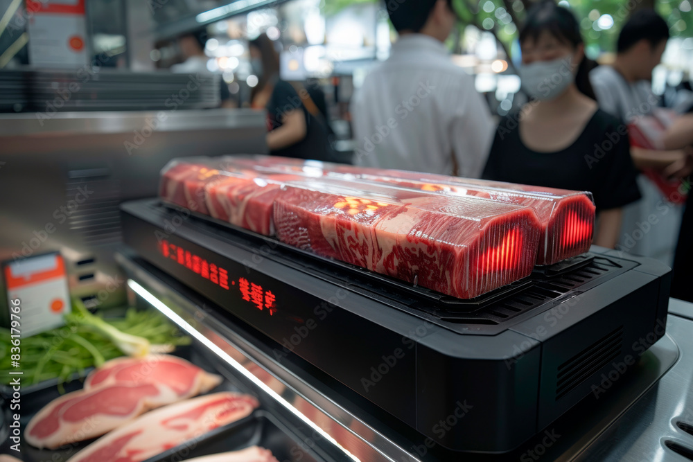 Display case with raw meat in a supermarket. The display case is ...