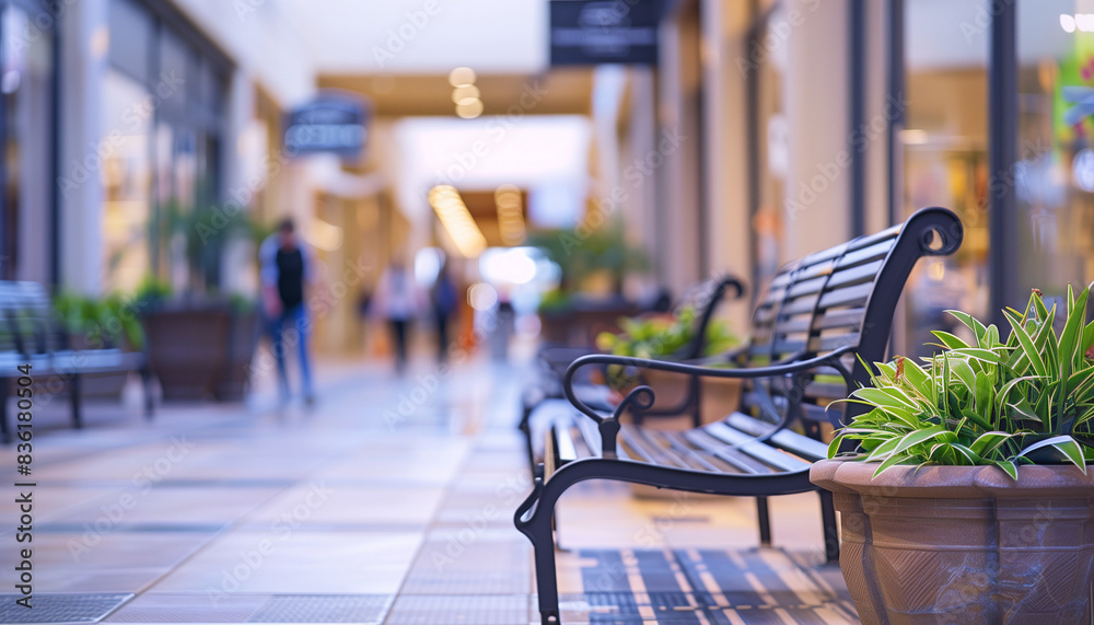 a detailed image of a shopping mall's exterior walkway with benches and ...