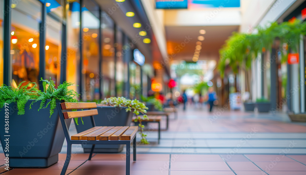 a detailed image of a shopping mall's exterior walkway with benches and ...