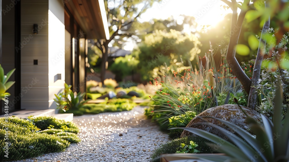 Sustainable landscaping for ecofriendly home design, close up on native ...