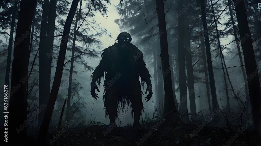 Humanoid monsters in the misty forest. A zombie is found in the dark ...