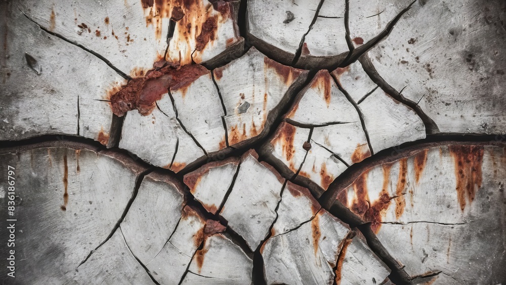 A close-up view of a cracked iron surface. The once-solid metal is now ...