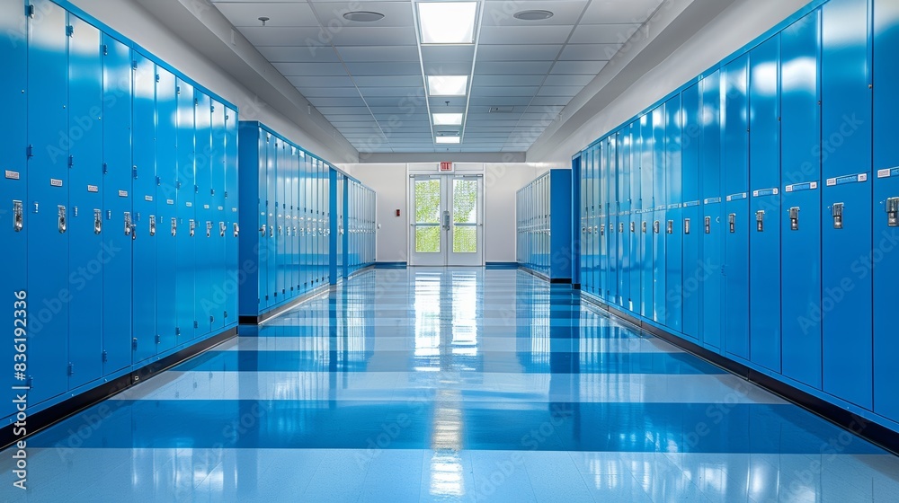 school lobby with blue colored lockers, bright white celling Stock ...