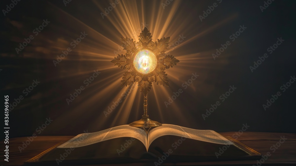 monstrance and open Holy Bible with sun rays of light from above, on ...