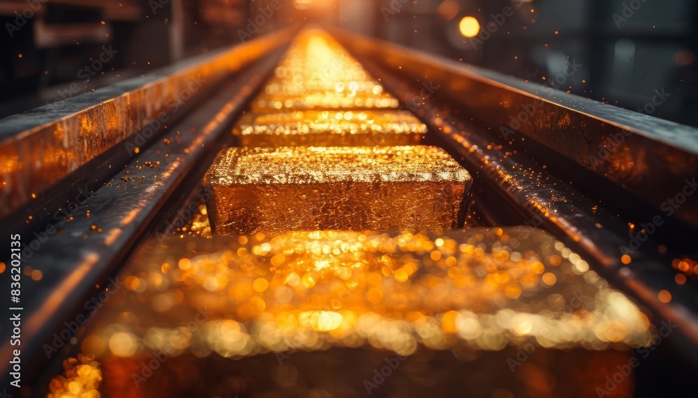 Gold bars moving on a conveyor belt in a refinery, depicted with a sci ...