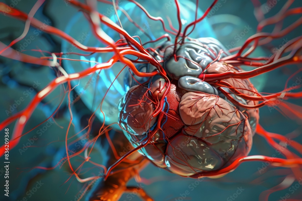 Detailed 3D rendering of human brain with intricate blood vessels ...
