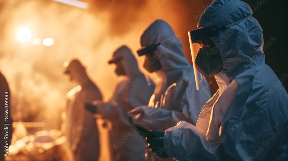 People in hazmat suits and face shields using devices in a smoky ...
