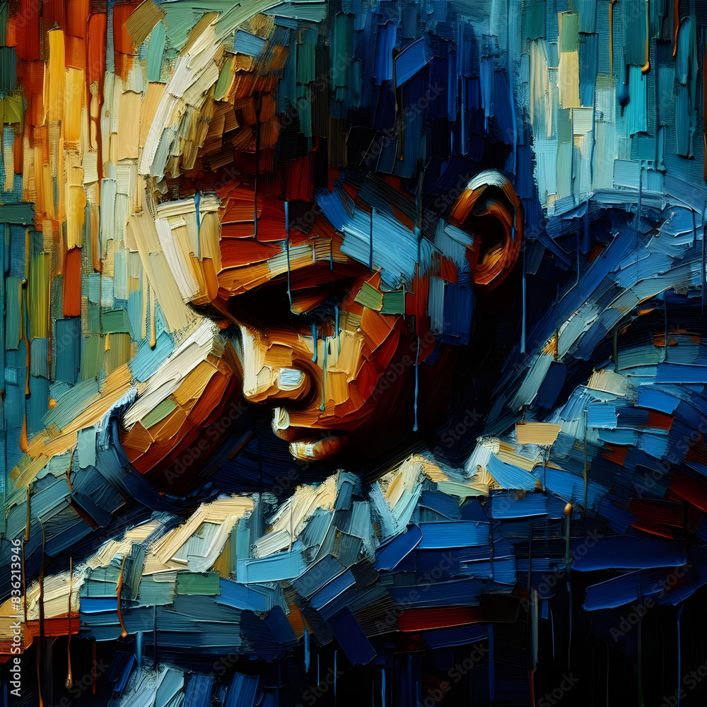 Sad lonely boy thinking and contemplating. Mental health. Brush stroke ...