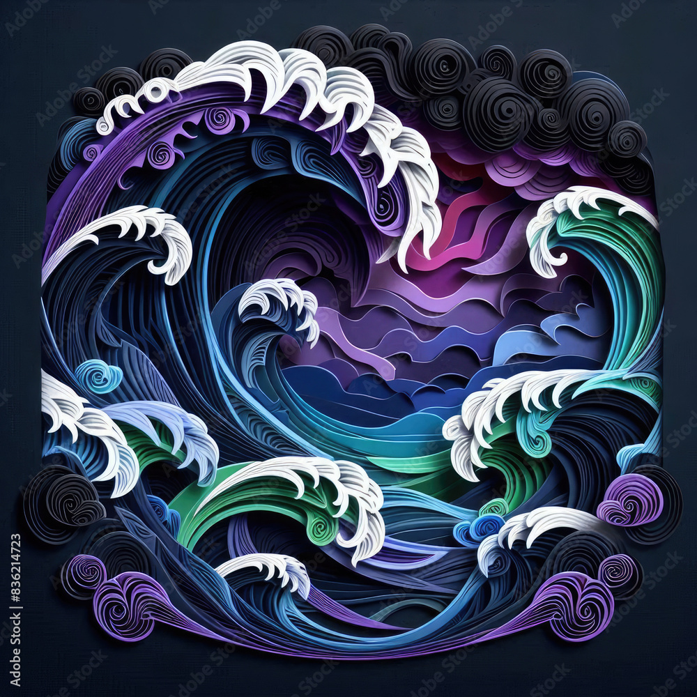 Generative AI A unique and artistic paper wave art piece featuring dark ...