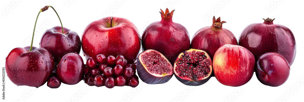 Collection of red purple maroon fruits in pile apple cherry cranberry ...