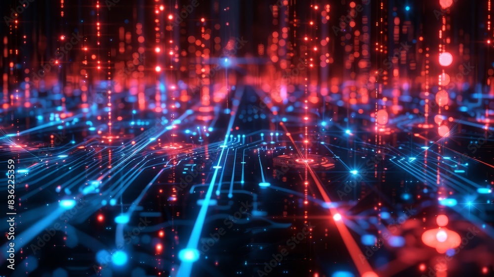 Glossy Black Surfaces with Glowing Red and Blue Neon Lines: High-Speed ...