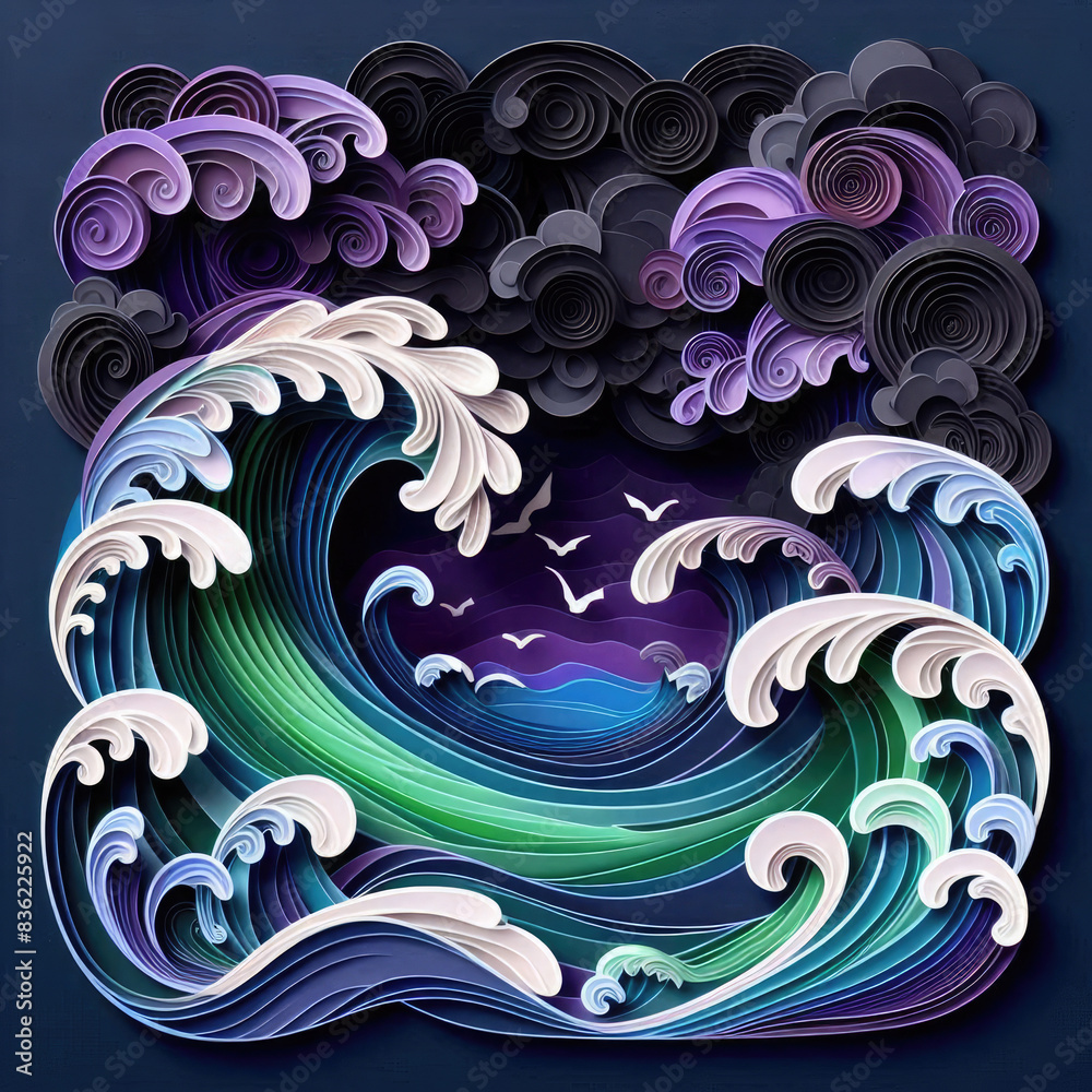 Generative AI A unique and artistic paper wave art piece featuring dark ...