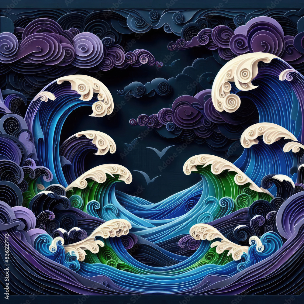 Generative AI A unique and artistic paper wave art piece featuring dark ...
