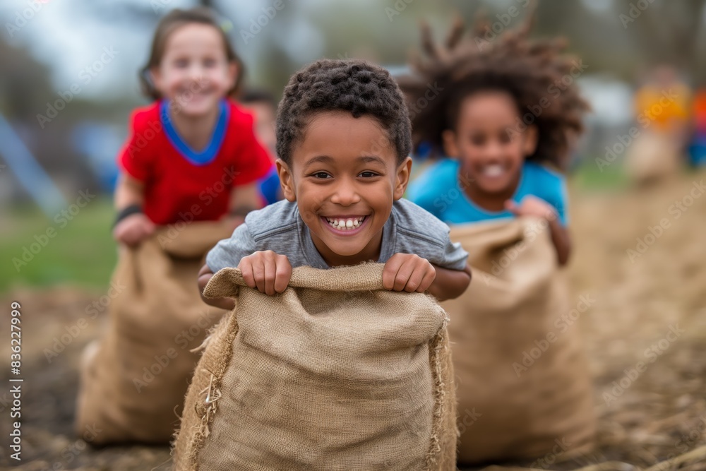 Foto de Children enjoying a sack race outdoors. Joyful kids having fun ...