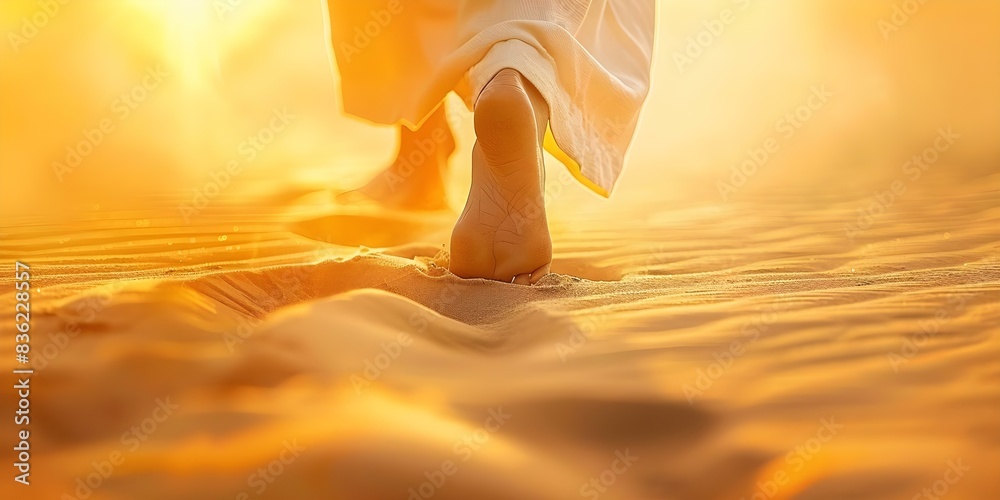 Closeup of Jesus feet walking on sand towards the rising sun. Concept ...