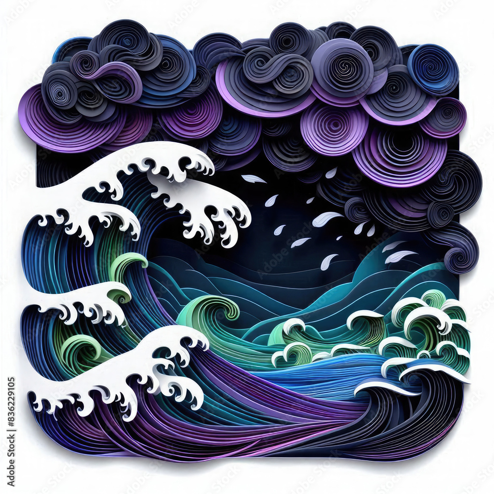 Generative AI A unique and artistic paper wave art piece featuring dark ...