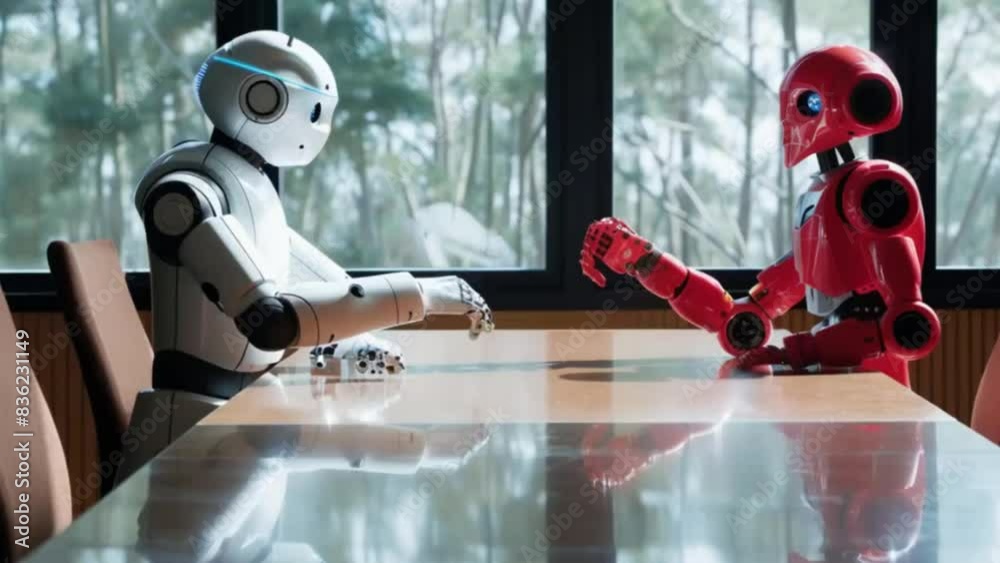 Humanoid robot competes with humans in a job interview setting. Concept ...