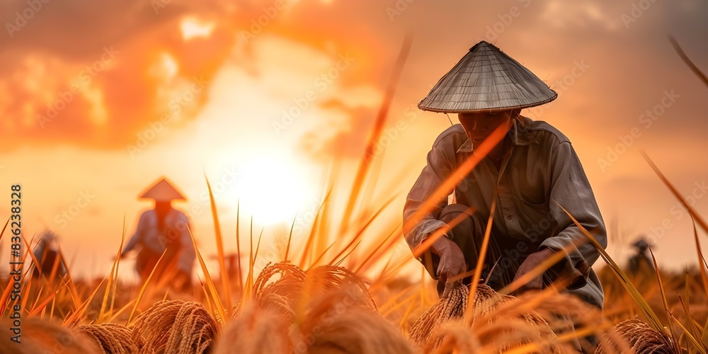 Asian farmers in traditional attire harvesting rice at sunrise in straw ...