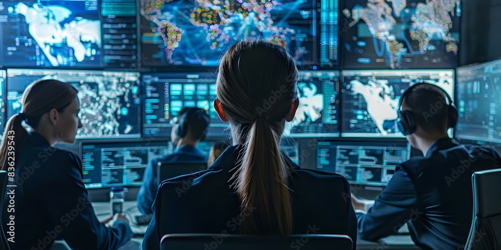 Cyber security team monitoring screens in hightech command center ... Cyber security team monitoring screens in hightech command center ...