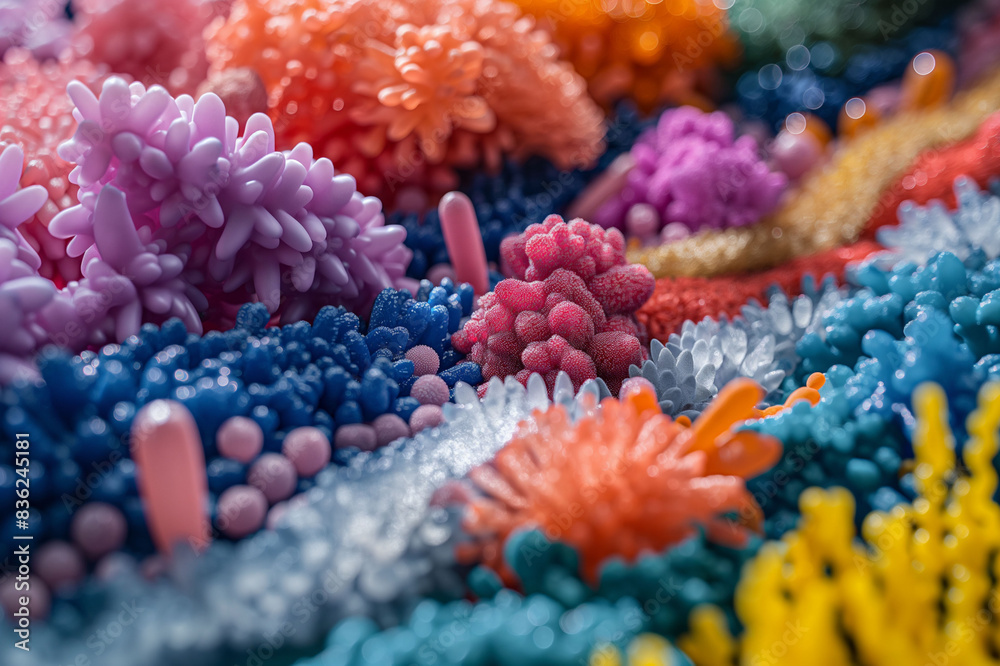 Colorful microscopic organisms, bacteria, cells and viruses can be seen ...