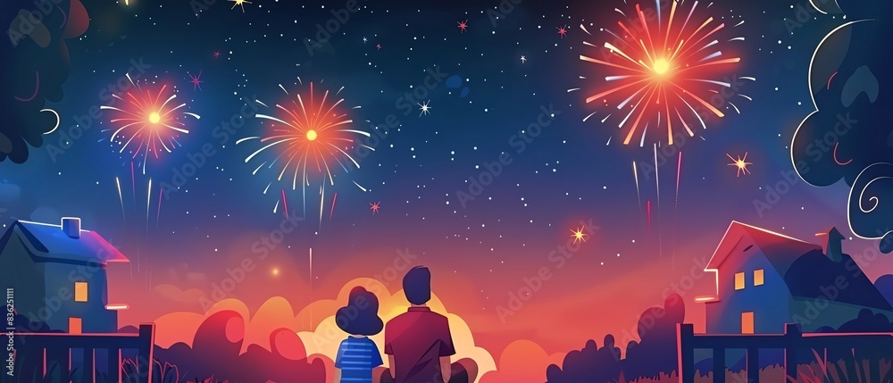 Cartoon illustration of a family watching a fireworks display from ...