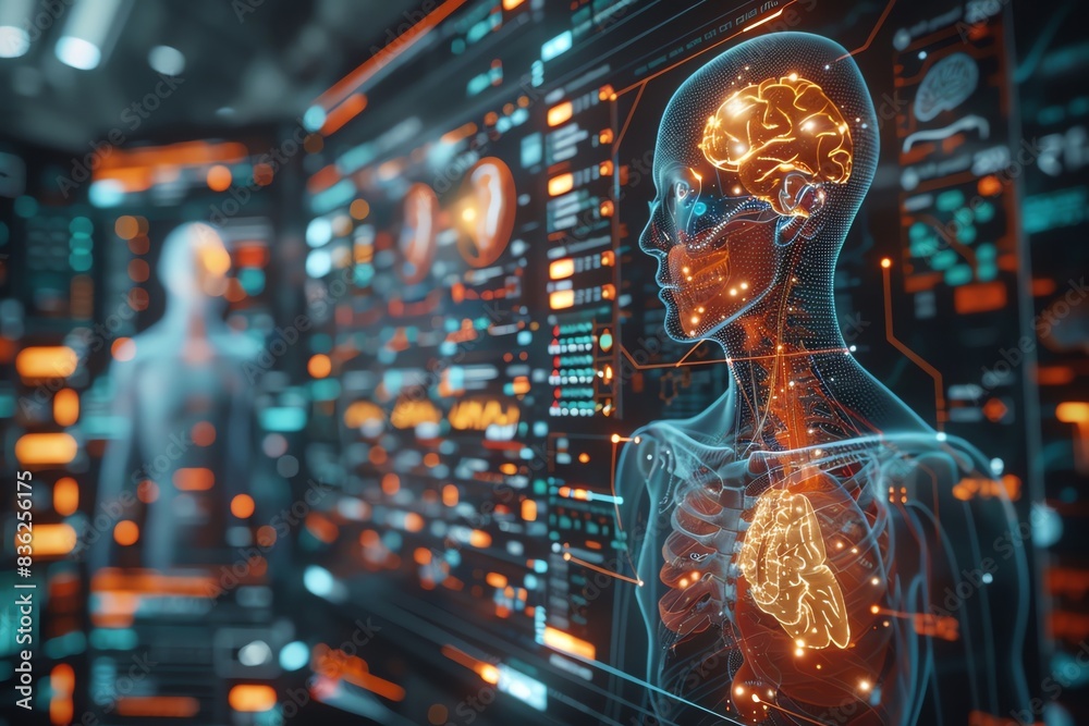 Futuristic medical technology concept with digital human anatomy scans ...