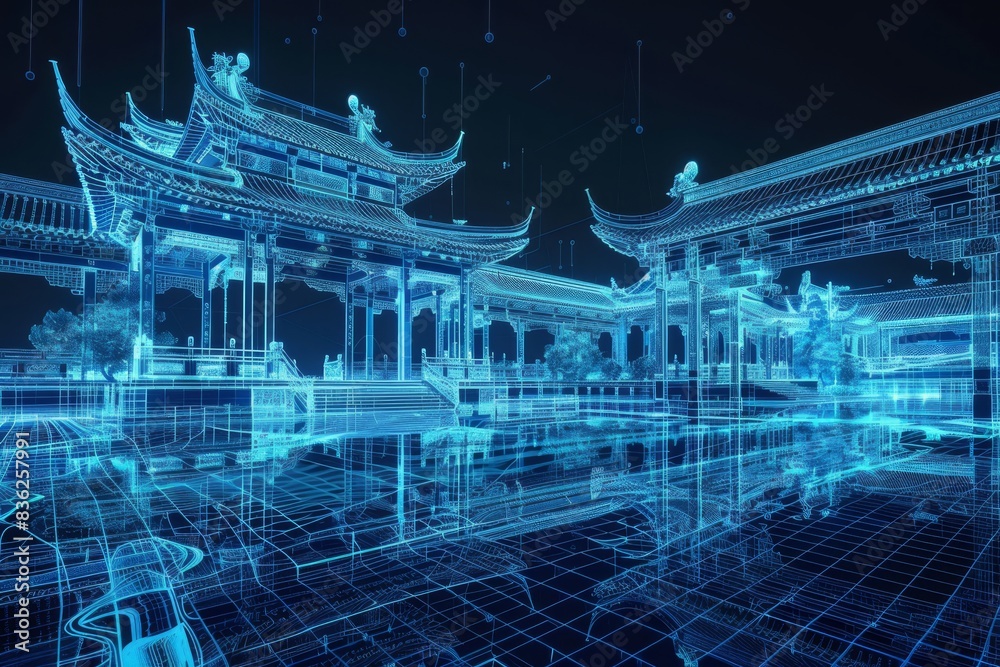 A wireframe hologram of Suzhou gardens with glowing blue lines ...