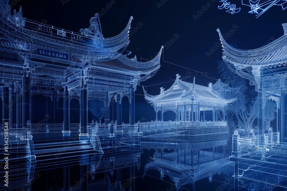 A wireframe hologram of Suzhou gardens with glowing blue lines ...