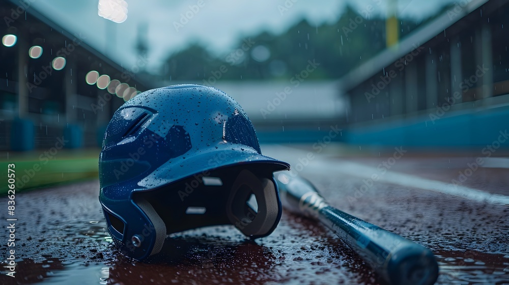 Baseball Helmet and Bat on the Dugout Ground: Athletic Pursuit in Focus ...