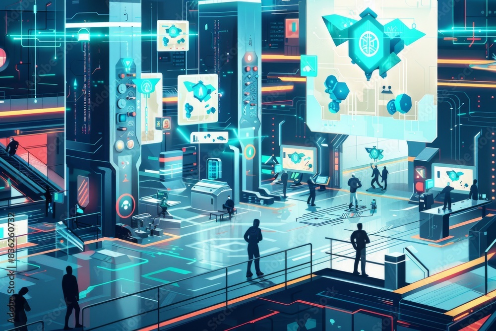 Illustration Description:** A bustling tech hub filled with AI-powered ...