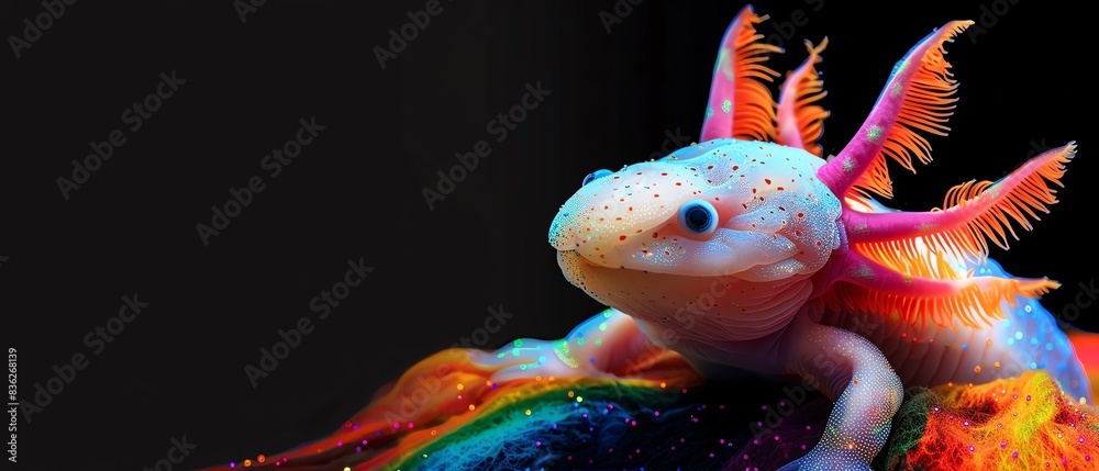 Rainbow Axolotl covered in rainbow fire apron, Enigmatic rainbow axolotl in the depths ...