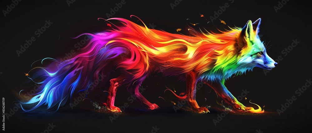 Rainbow Fox covered in rainbow fire apron, Sleek rainbow fox prowling ...
