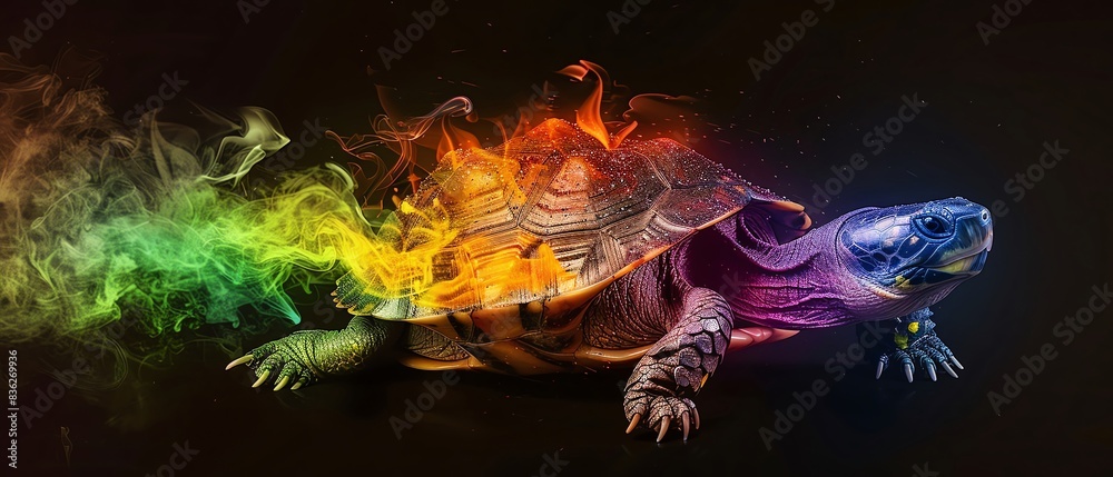 Rainbow Snapping Turtle covered in rainbow fire apron, Colorful rainbow ...