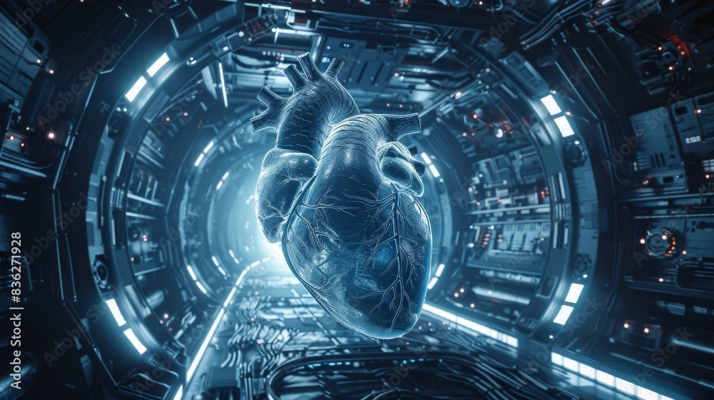 Holographic heart floating in zero gravity, spaceship interior, top ...