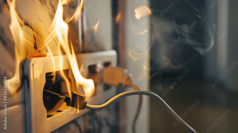 A domestic accident image showing an indoor electric wire plug igniting ...
